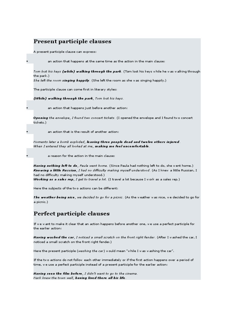 Present Participle Clauses | PDF | Syntactic Relationships | Onomastics