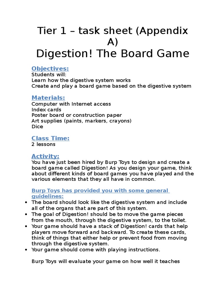 Digestion Board Game - Tiered Task Sheet-2 | PDF | Human Digestive ...