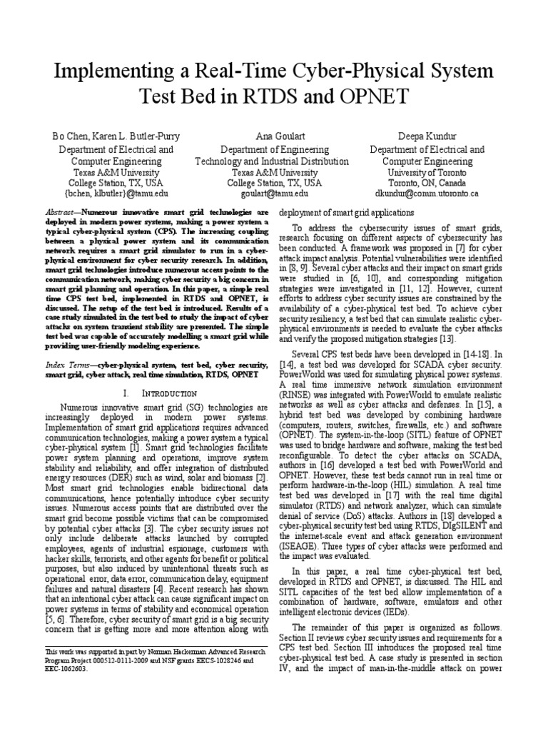Implementing A Real-Time Cyber-Physical System Test Bed in RTDS and ...