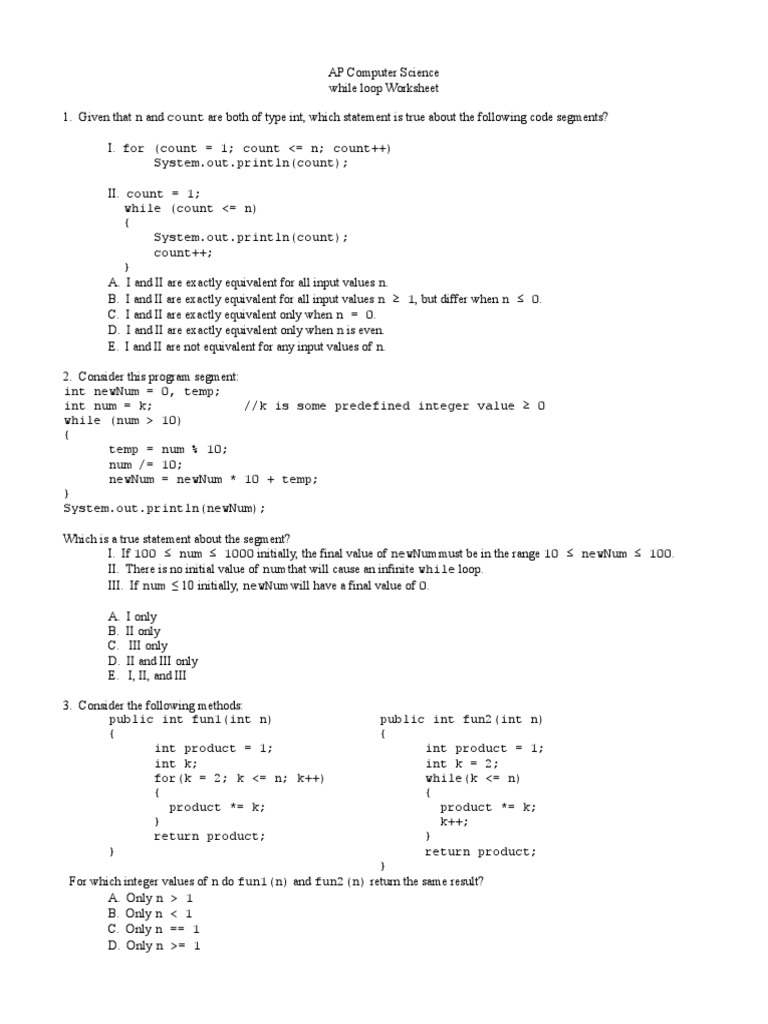 AP CS While Loop Worksheet | PDF | Integer (Computer Science) | Control ...