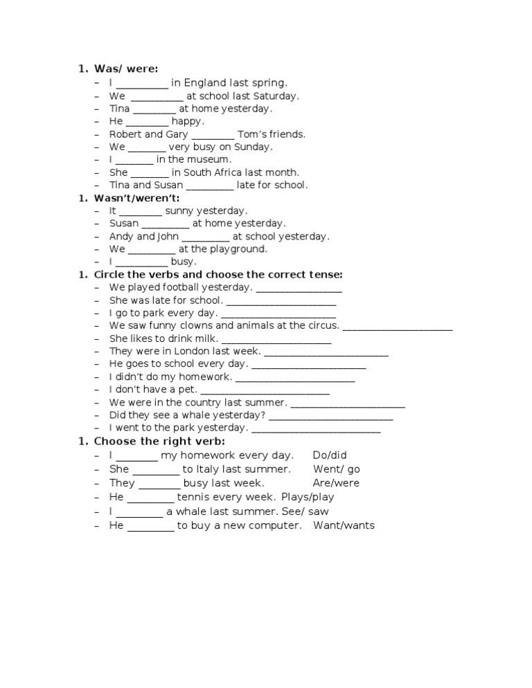 Past Simple To Be (Was/were) Exercises | PDF