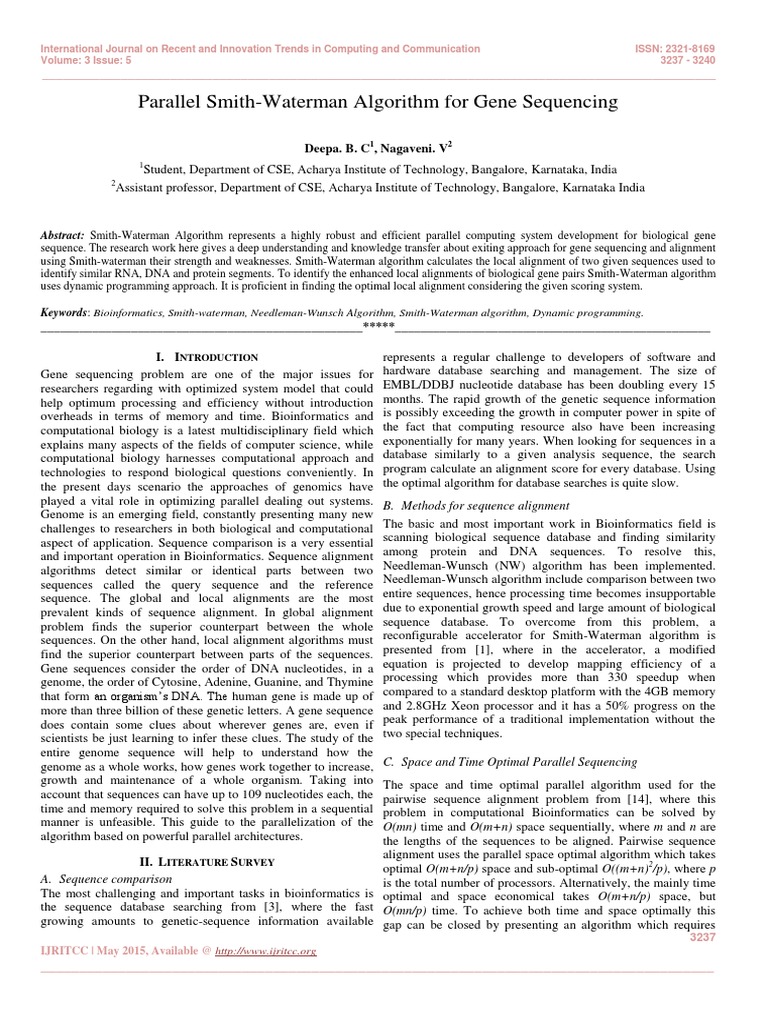 Parallel Smith-Waterman Algorithm For Gene Sequencing | PDF | Sequence Alignment | Bioinformatics