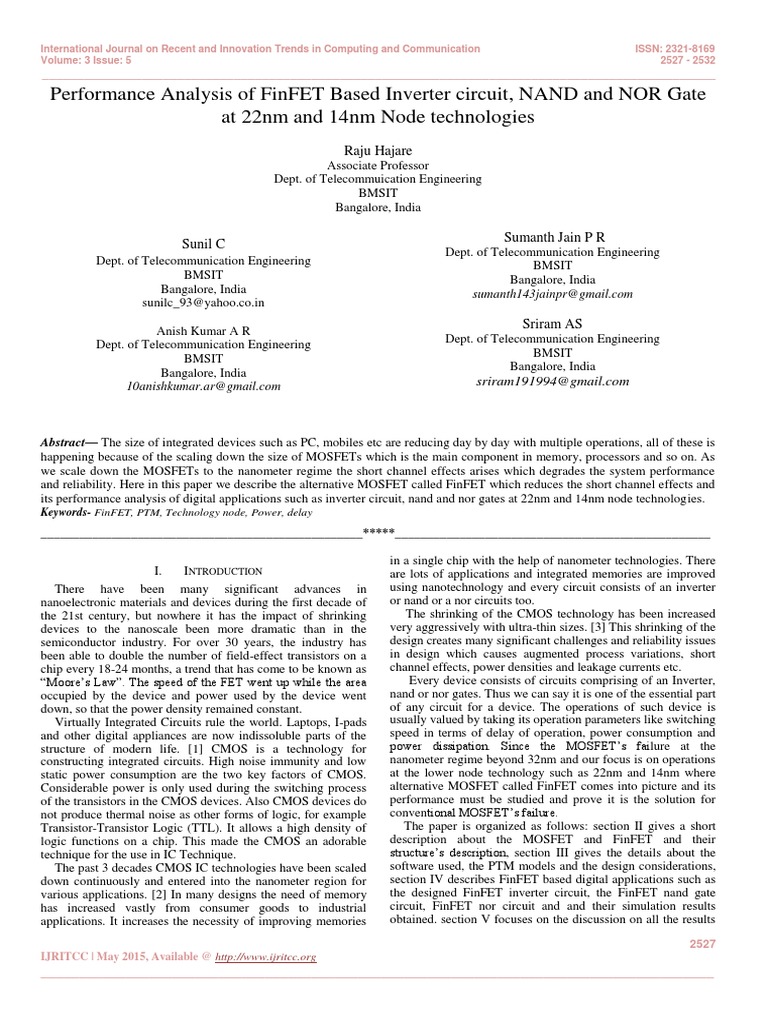 Performance Analysis of FinFET Based Inverter Circuit, NAND and NOR ...