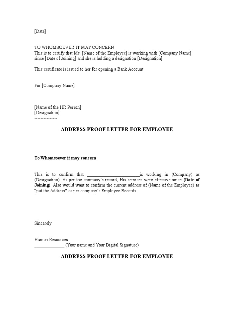 Address Proof Letter For Employee: To Whomsoever it may concern