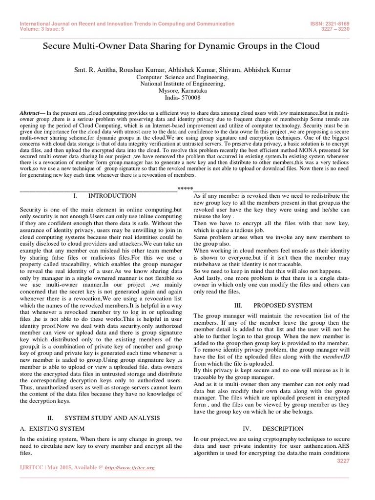 Secure Multi Owner Data Sharing For Dynamic Groups In The Cloud Pdf Public Key Cryptography