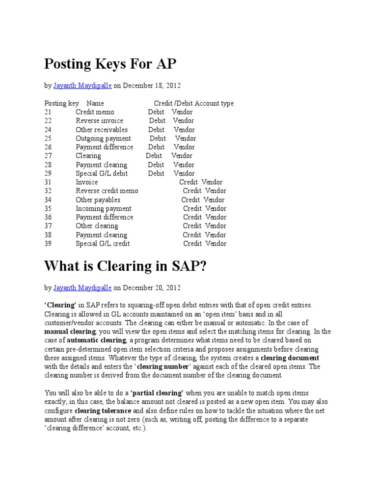 Posting Keys For AP: Jayanth Maydipalle | PDF | Debits And Credits ...