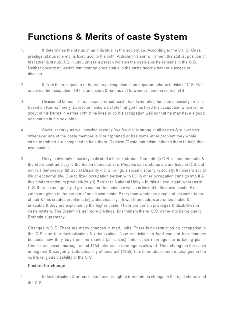 Function of Caste System | PDF | Caste | Sociological Theories