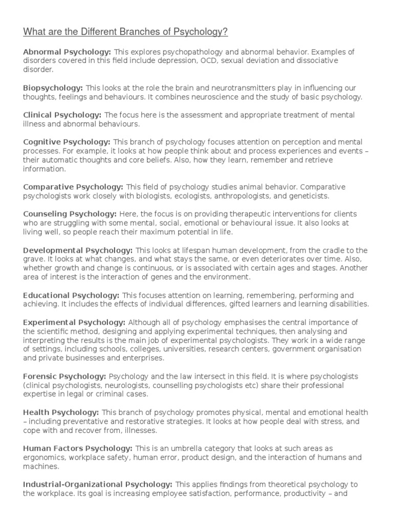 What Are The Different Branches of Psychology | PDF | Developmental ...