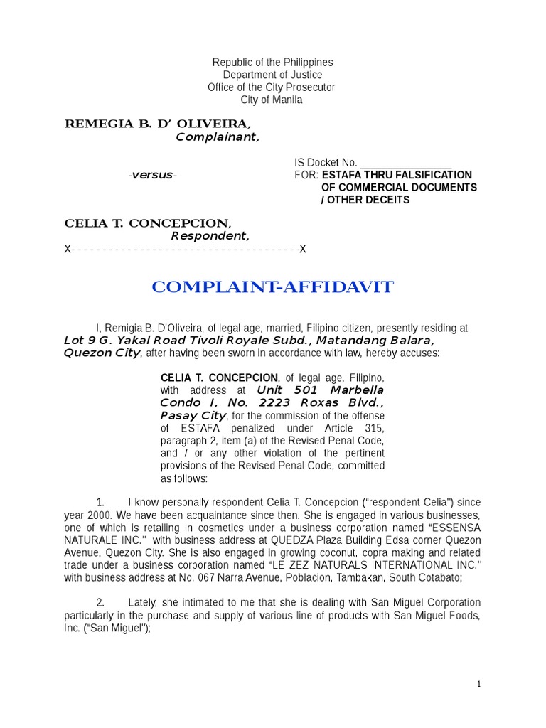 Complaint Affidavit (Final) .April 21, 2015 | PDF | Cheque | Business