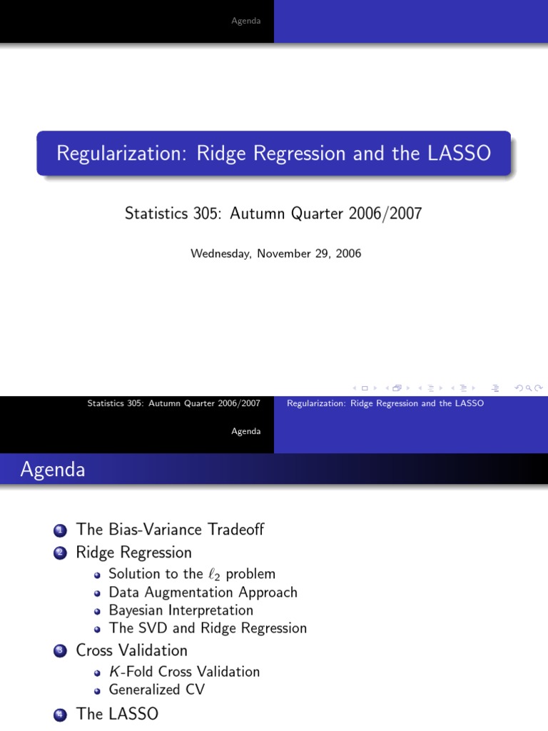 Regularization: Ridge Regression and The LASSO: Statistics 305: Autumn Quarter 2006/2007 | PDF ...