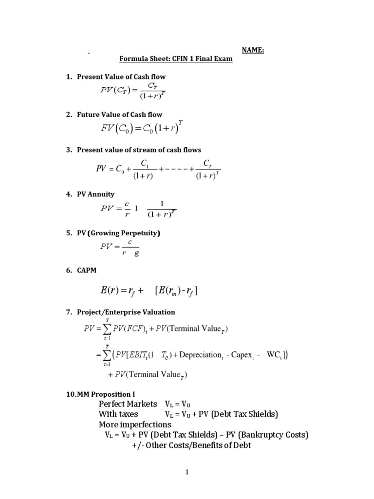 CFIN Formula Sheet Updated | PDF | Business | Teaching Methods & Materials
