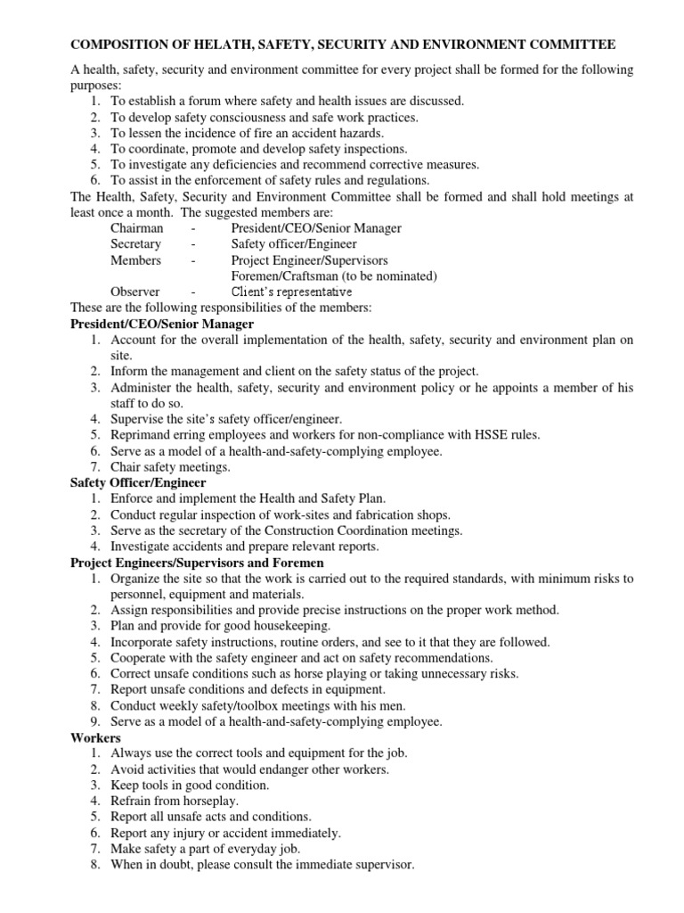 Composition of Hsse Committee | PDF | Safety | Employment