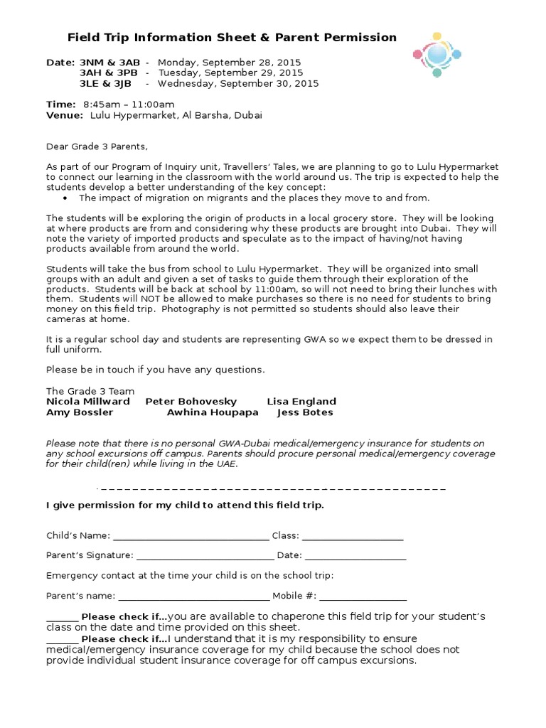 Field Trip Parent Information Sheet Lulus 2015 | PDF | Teaching | Pedagogy