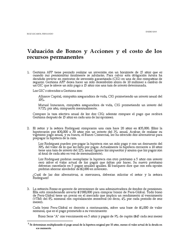 Ejercicios Valuacion Bonos Acciones FR PDF | PDF | Compartir (Finanzas) | Pensión