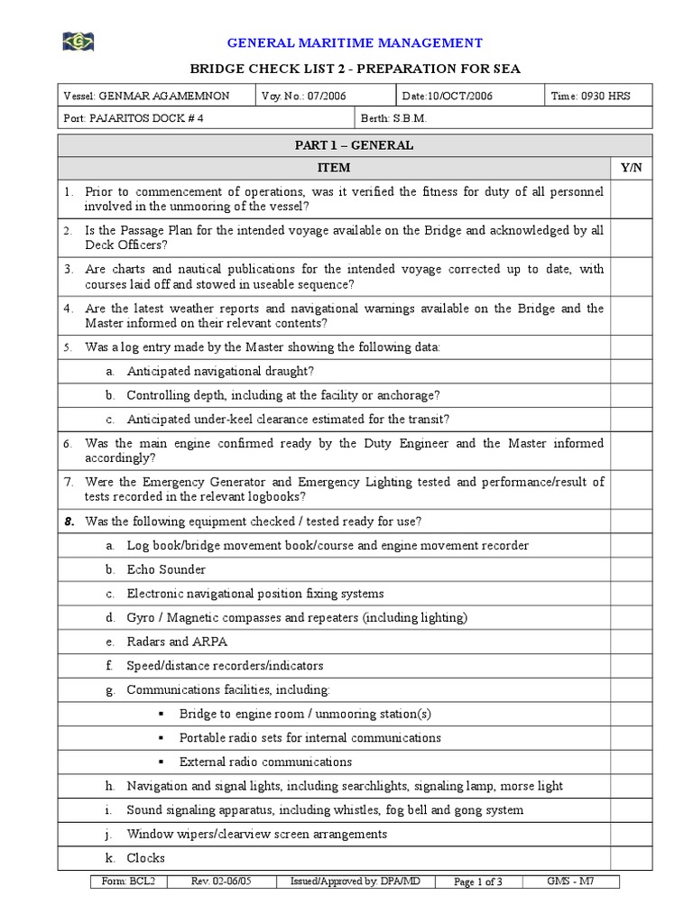Bridge Check List 2 - Preparation For Sea: General Maritime Management ...