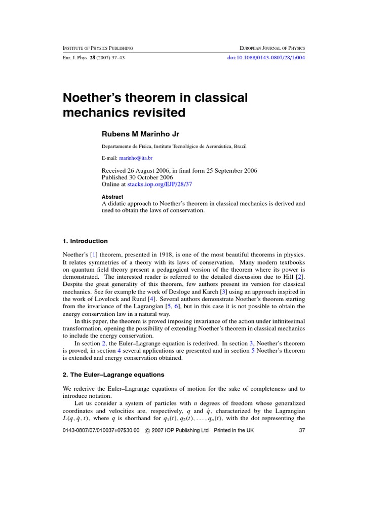 Noether's Theorem in Classical Mechanics Revisited: Rubens M Marinho JR | PDF | Lagrangian ...