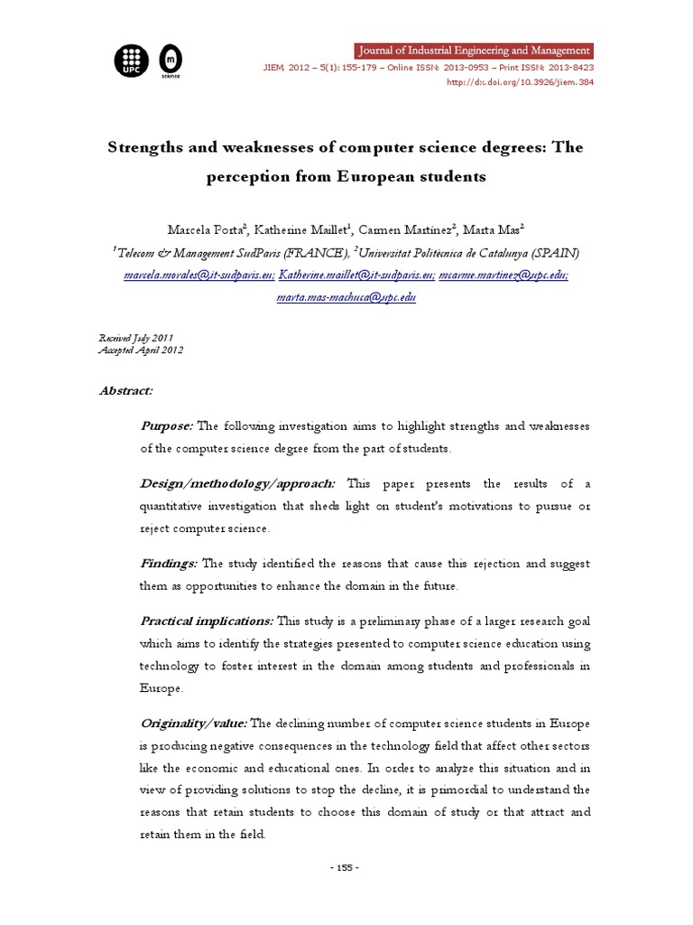 Strengths and Weaknesses of Computer Science Degrees: The Perception From European Students ...