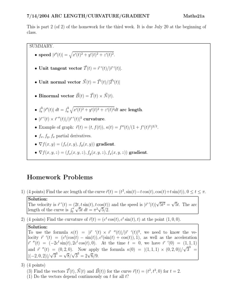 Arc Length Curvature Gradient Math Homework | PDF | Curvature ...