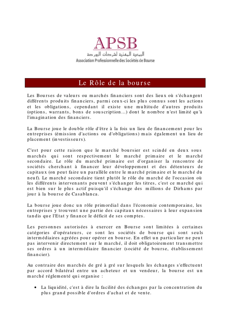 Le Rôle de La Bourse | PDF | Bourse (économie) | Bourse des valeurs