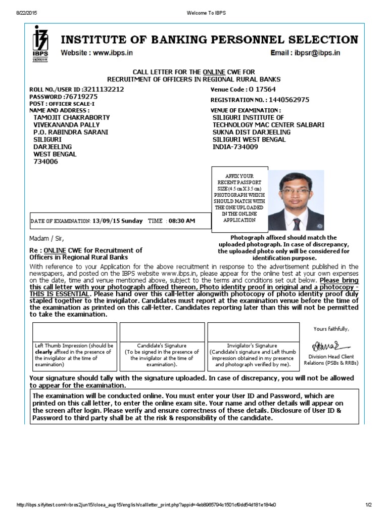 Roll No./User Id: Venue Code: Password: Post: Registration No.: Name ...