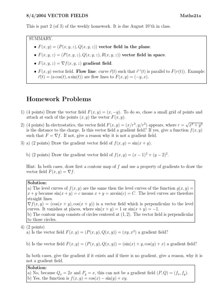Vector Fields and Gradient Fields: Homework on Representing and ...