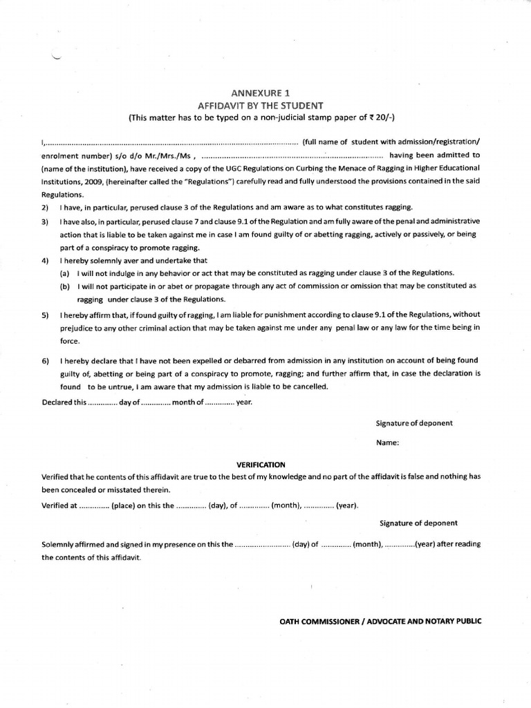 Anti Ragging Affidavit Format | PDF | Affidavit | Virtue
