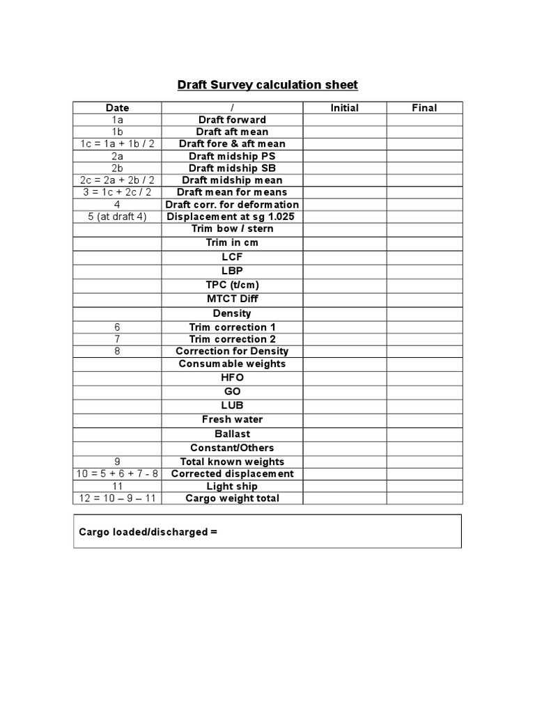 Draft Survey Calculation Sheet 2010.1 | Tonnage | Naval Architecture