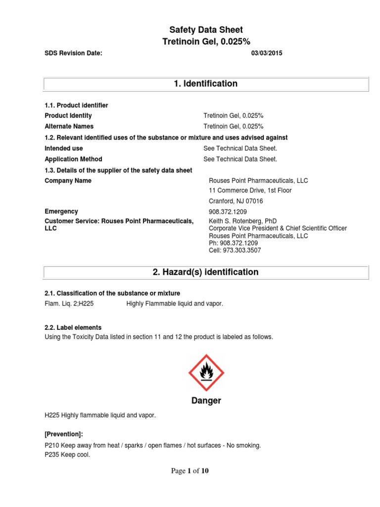 Safety Data Sheet for Tretinoin Gel, 0.025% Provides Detailed ...