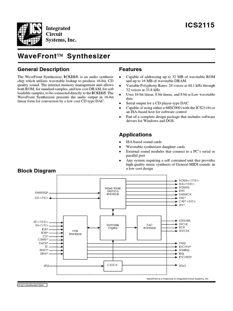 The WaveFront Synthesizer, ICS2115 Datasheeet | PDF | Dynamic Random Access Memory | Input/Output