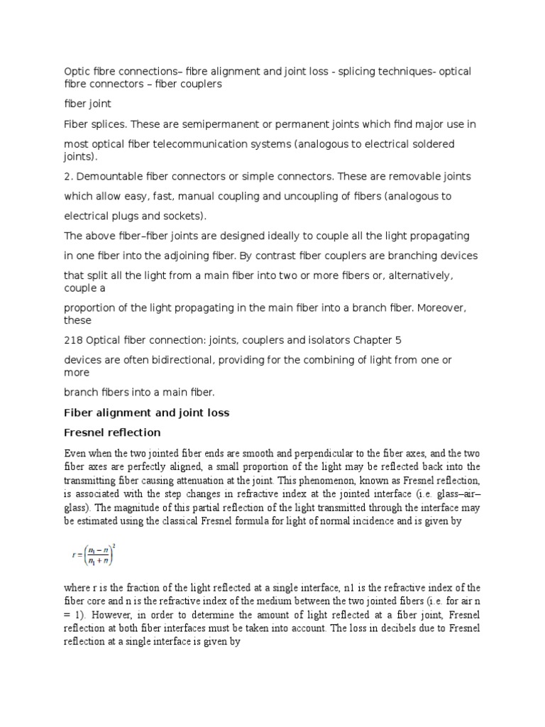 Fiber Alignment and Joint Loss Fresnel Reflection | PDF | Optical Fiber ...