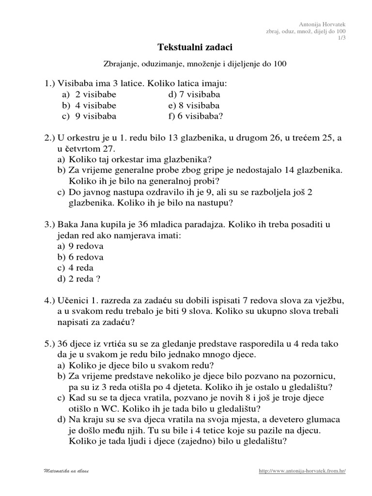 Tekstualni Zadaci Racunanje Do 100 | PDF