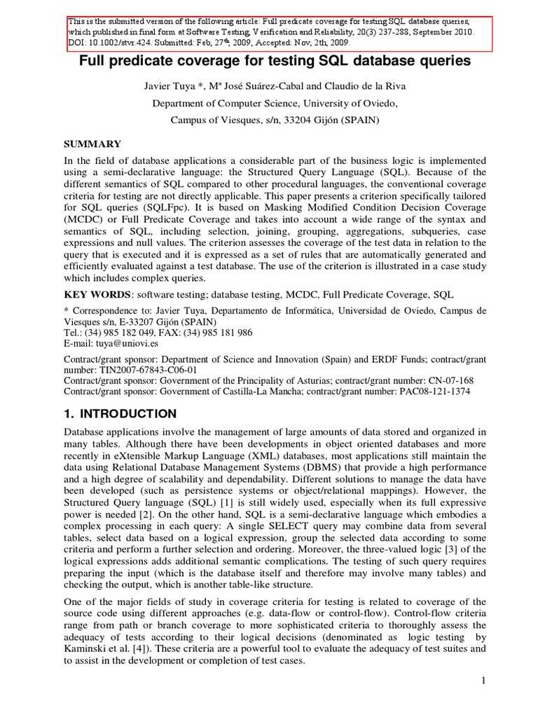Full Predicate Coverage For Testing SQL Database Queries | PDF ...