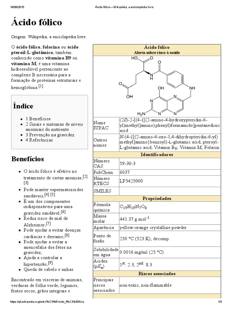 Ácido Fólico – Wikipédia, A Enciclopédia Livre | Ácido Fólico | Químico ...