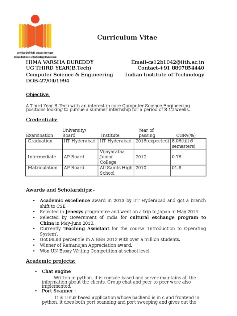Hima Varsha Cs12b1042 Resume | PDF | Areas Of Computer Science | Computing