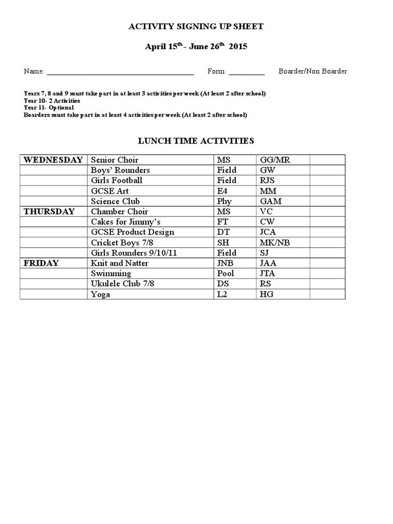 Activity Signup Sheet for Students | PDF | Cooking, Food & Wine | Home ...