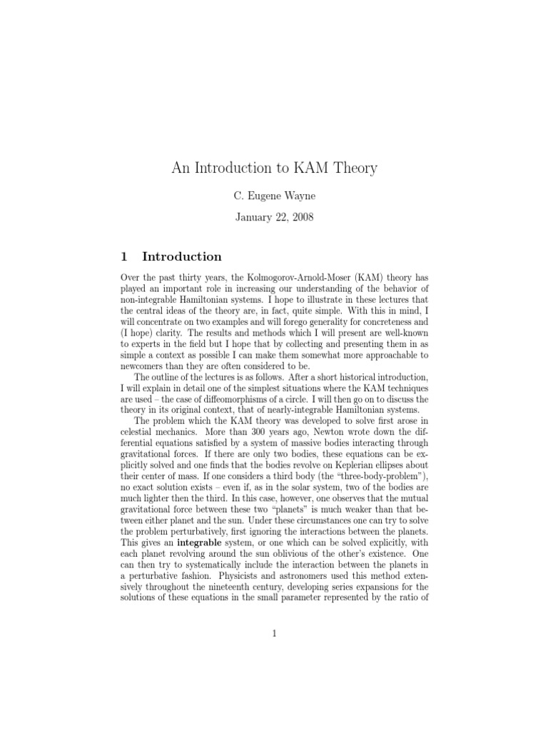 An Introduction To KAM Theory: C. Eugene Wayne January 22, 2008 | PDF ...