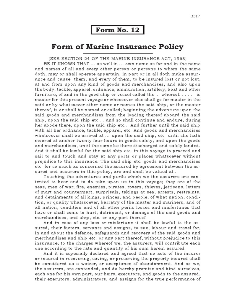 Form of Marine Insurance Policy | PDF | Insurance | Ships