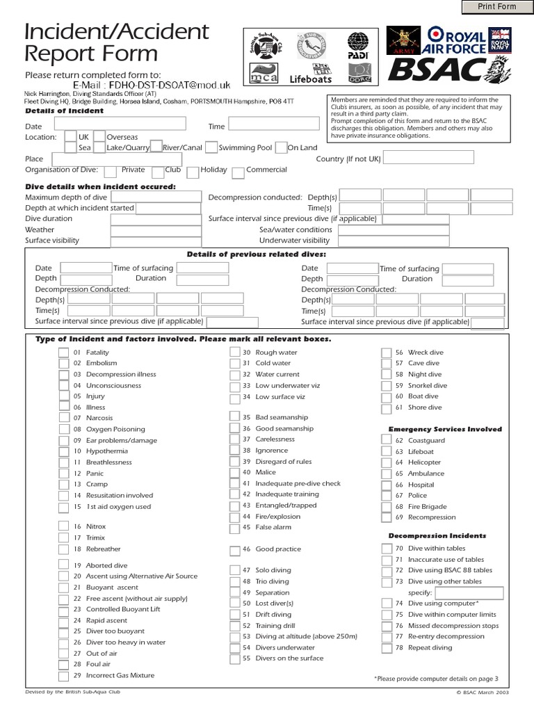 Incident/Accident Report Form | PDF | Scuba Diving | Underwater Diving