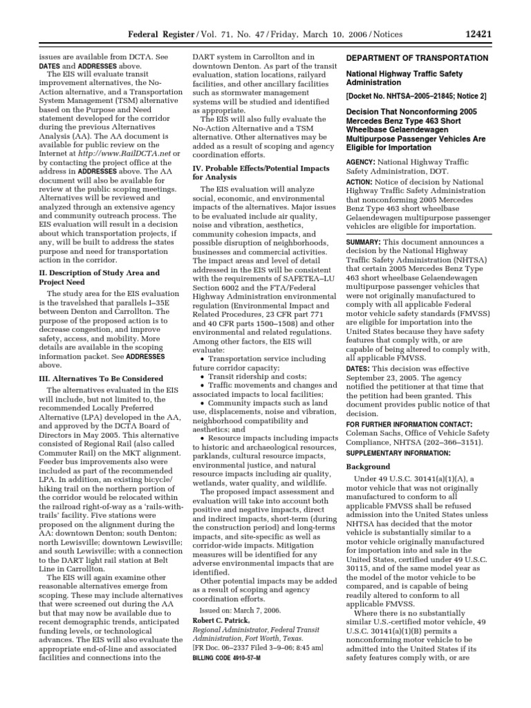 Notice: Motor Vehicle Safety Standards: Nonconforming Vehicles ...