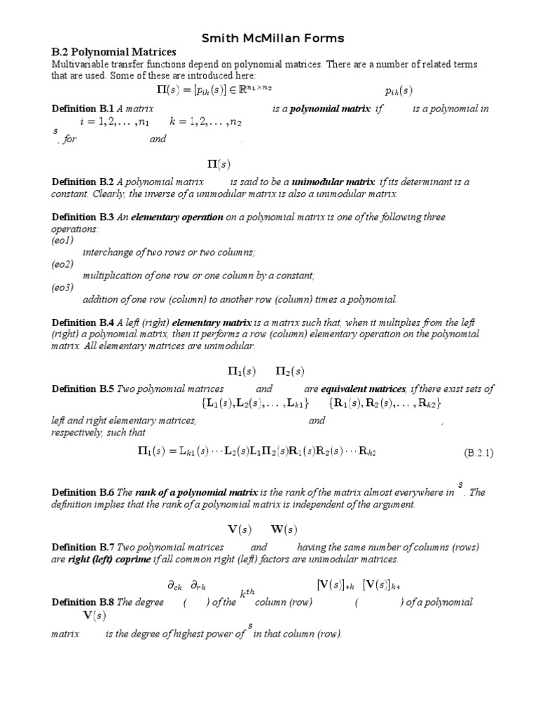 Smith McMillan Forms | PDF | Polynomial | Matrix (Mathematics)