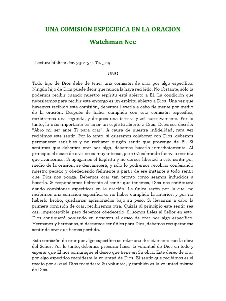 Watchman Nee Una Comision Especifica en La Oracion | PDF | Oración ...