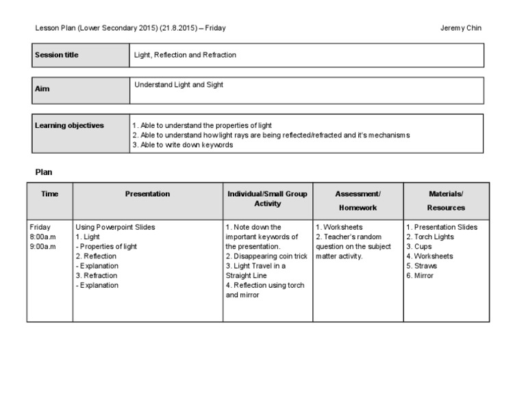 Lesson Plan - Light, Reflection and Refraction | PDF
