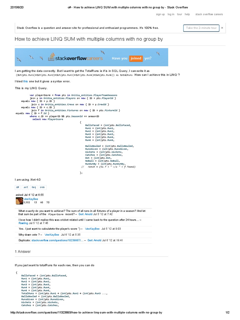 C# - How To Achieve LINQ SUM With Multiple Columns With No Group by - Stack Overflow | PDF ...