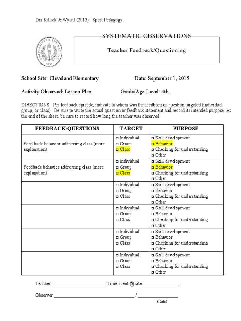 4th Grade Lesson Plan Feedback Template | PDF