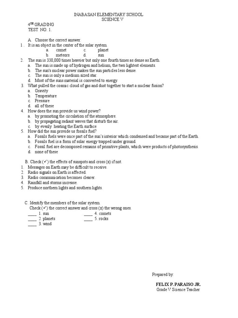 Summative Test Science 4th Grading | PDF | Planets | Sun