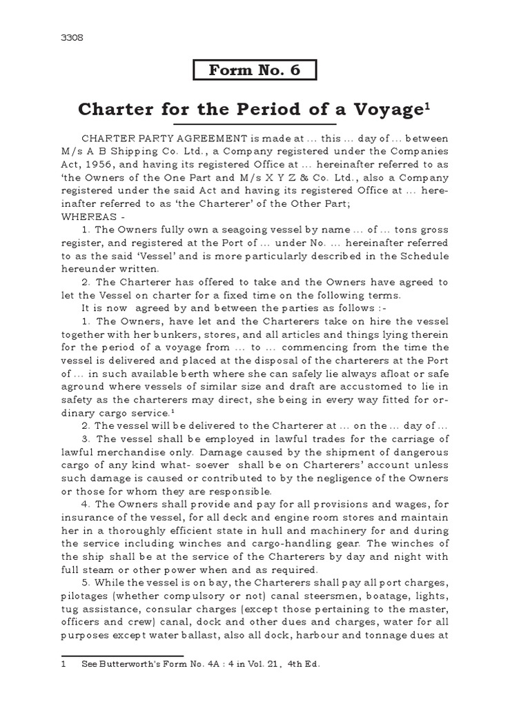 Charter For The Period of A Voyage: Form No. 6 | PDF | Marine Salvage ...