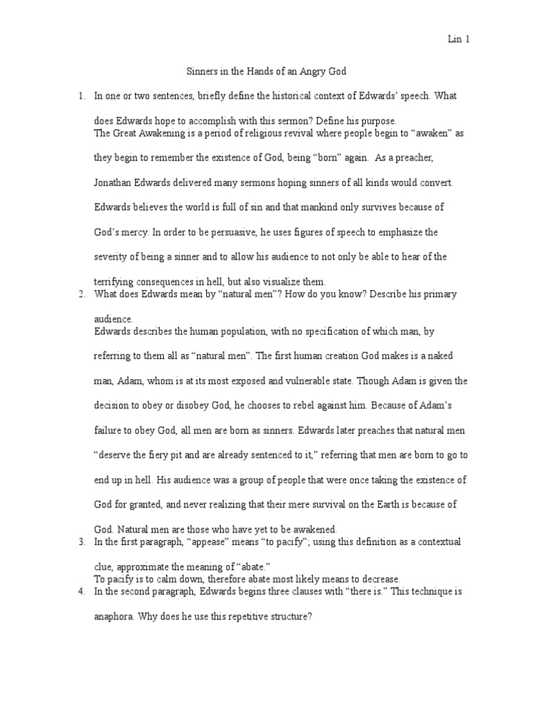 Sinners in The Hands of An Angry God Discussion Questions | PDF ...