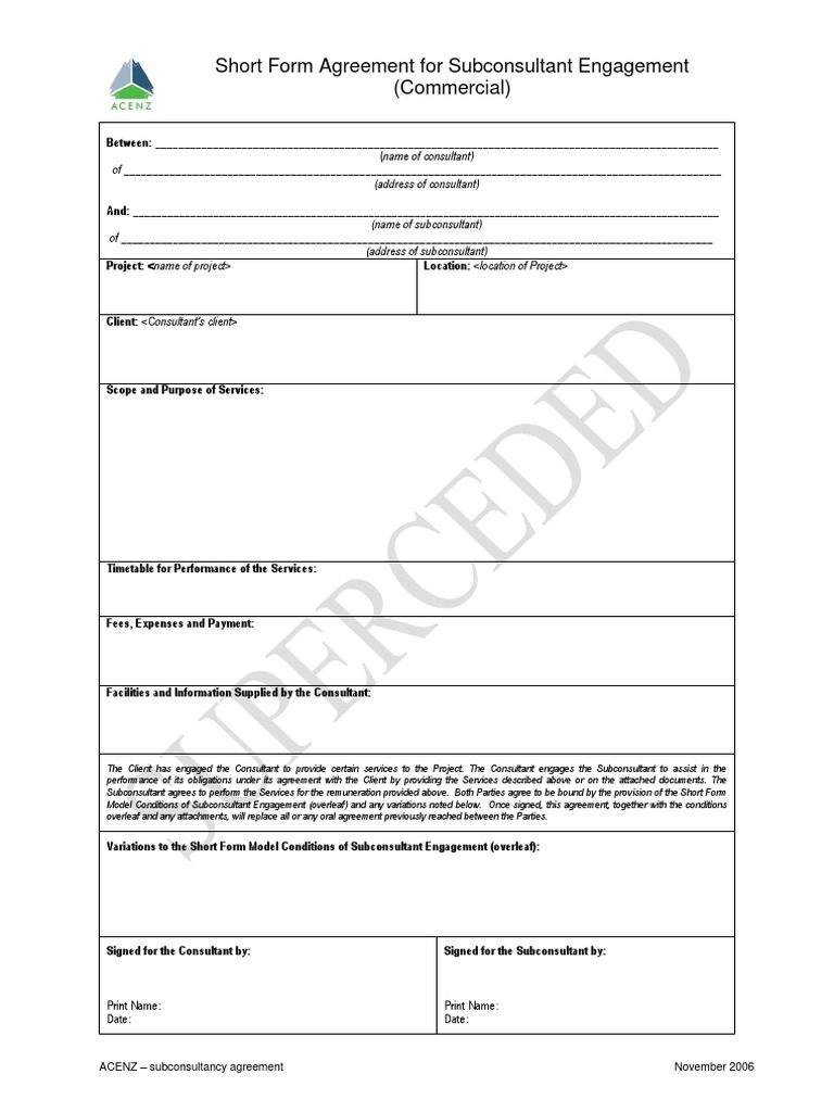 Short Form Subconsultant Agreement | PDF | Invoice | Consultant