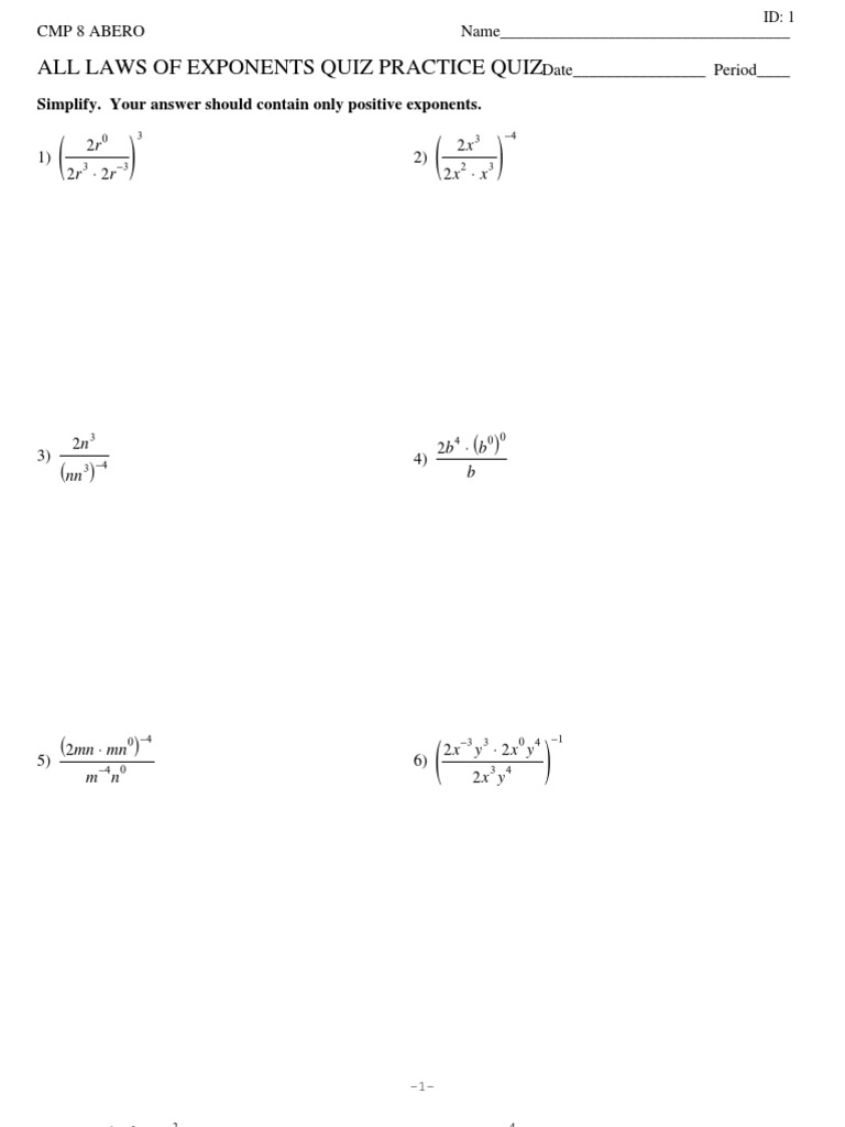 All Laws of Exponents Quiz Practice Quiz: R R R X X X | PDF