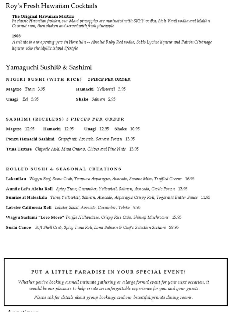 Roy's La Jolla Dinner Menu | PDF | Sushi | Salad